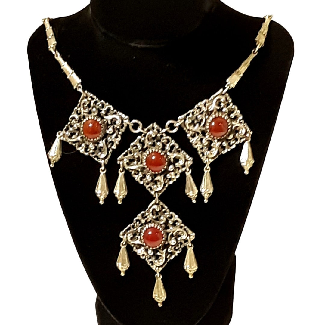Exotic Silver Tone Medallions Collar Necklace 30" Cinnamon Cabochons ...