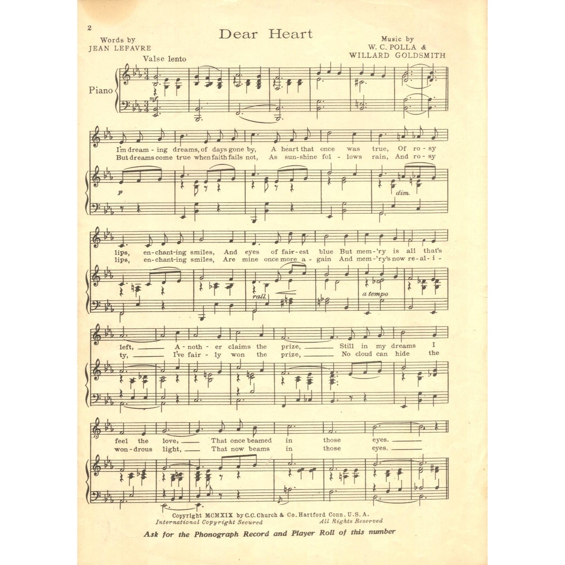 Dear Heart Song 1919 Piano Sheet Music Polla Portrait Graphic Flapper ...