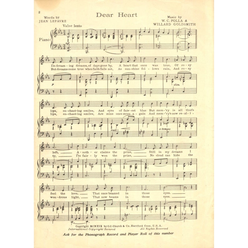 Dear Heart Song 1919 Piano Sheet Music Polla Portrait Graphic - Etsy