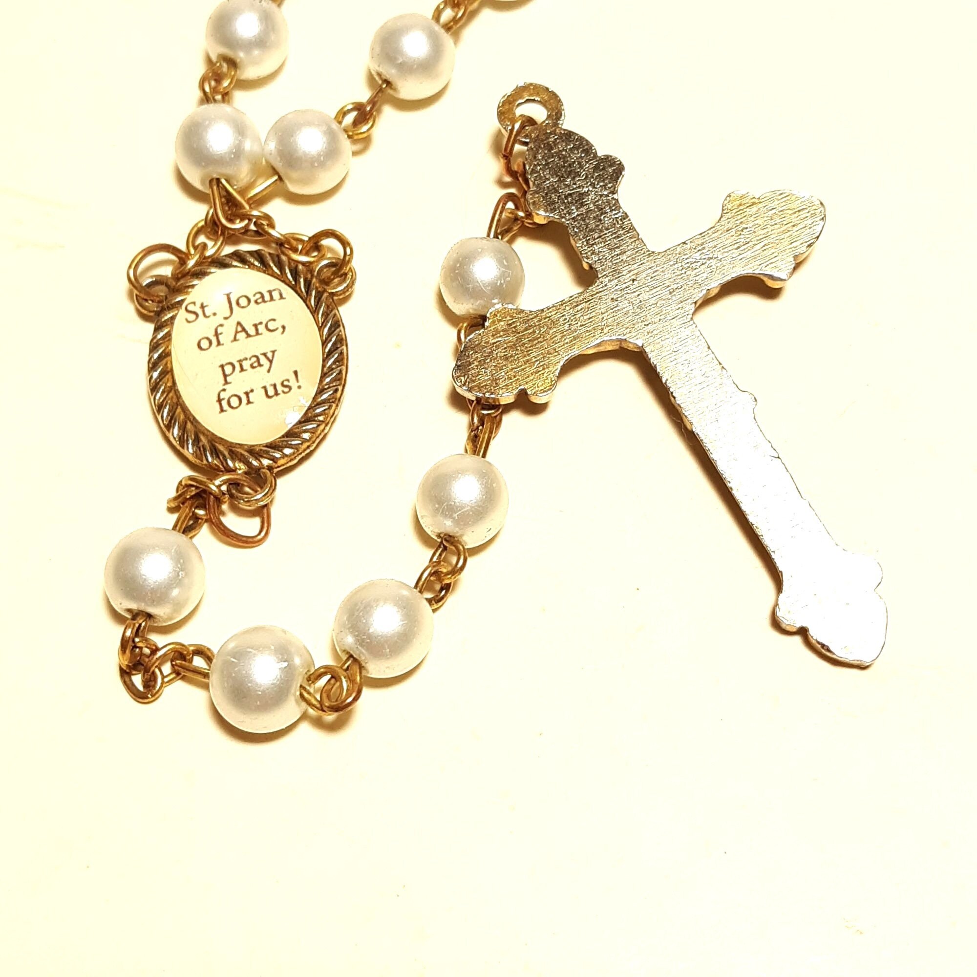 St Joan of Arc Catholic Rosary Prayer Faux Pearl Beads Antiqued Gold ...
