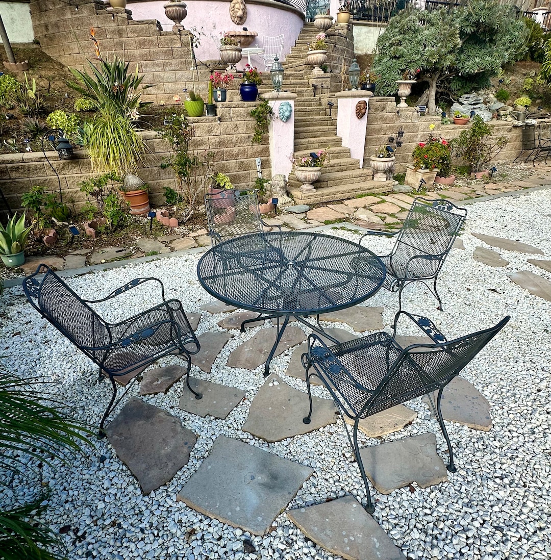 Vintage Wrought Iron Patio Set by Russell Woodard, Low Table and 4 ...