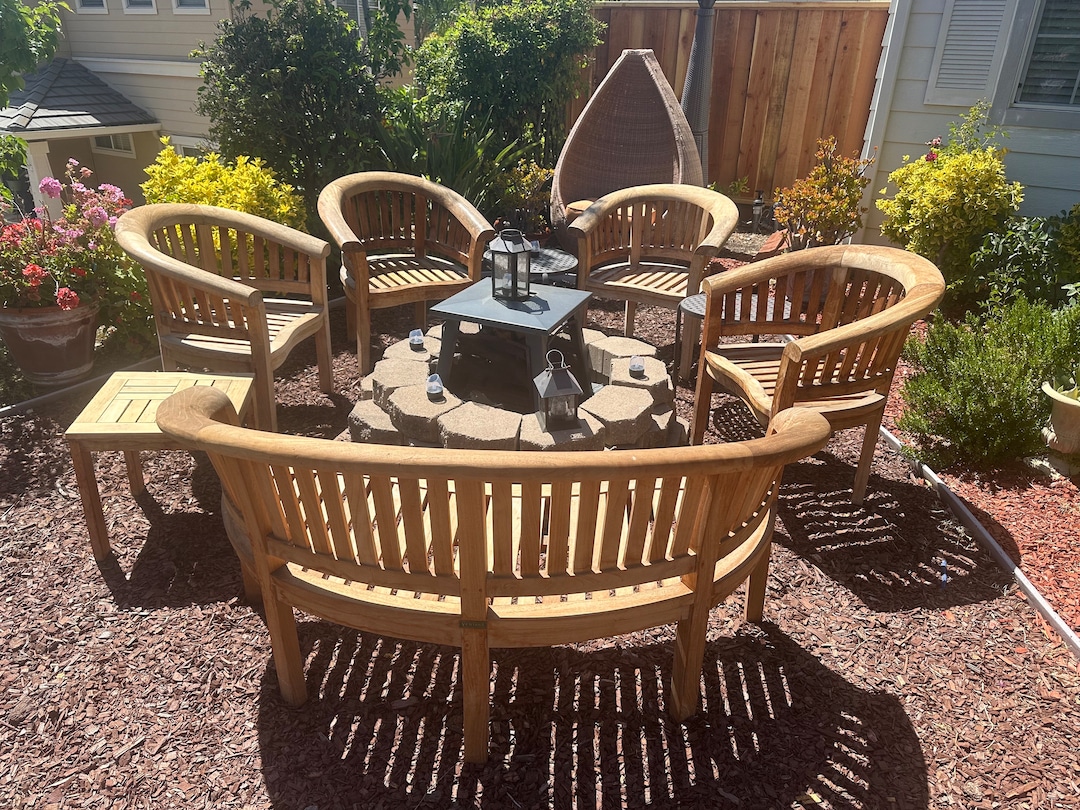 6 Piece Grade A Teak Conversation Set, Peanut Chairs and Bench, Solid ...