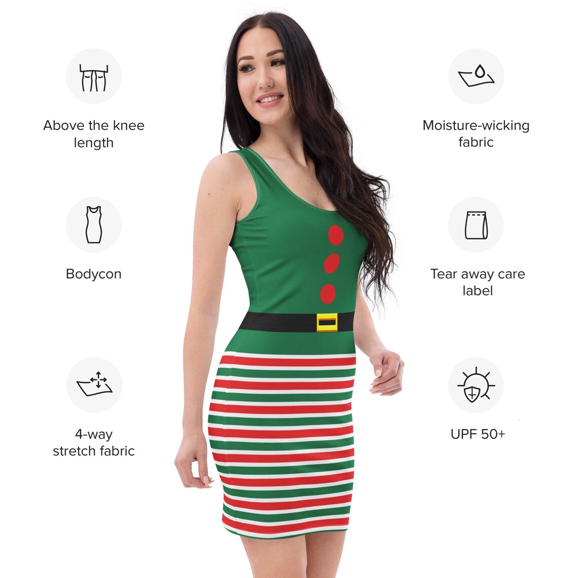 Christmas Elf Costume Holiday Sleeveless Form Fitting Fitted Bodycon ...