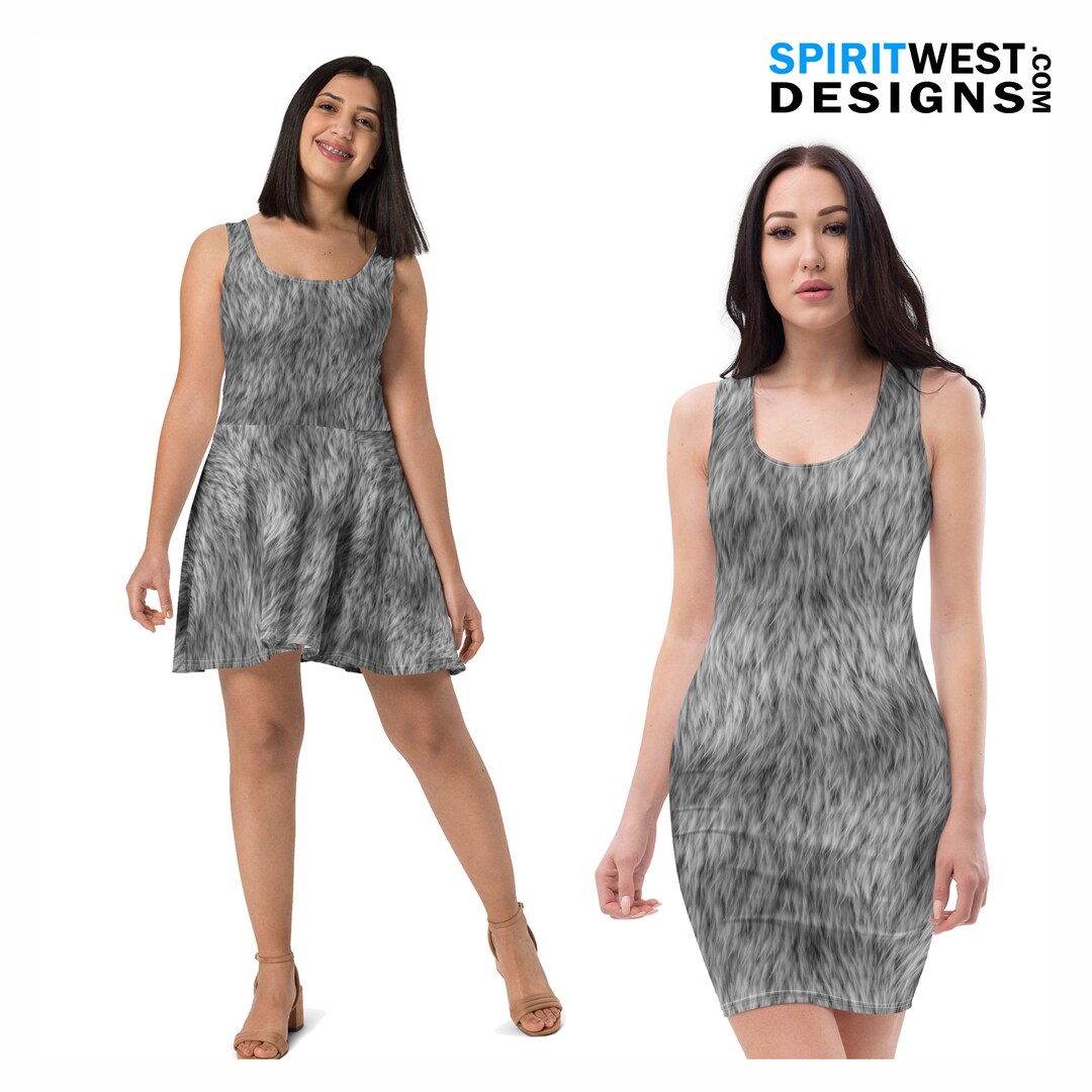 Grey Fur Print Costume Wolf Cat Dog Dress Skater Fitted Bodycon Dress ...