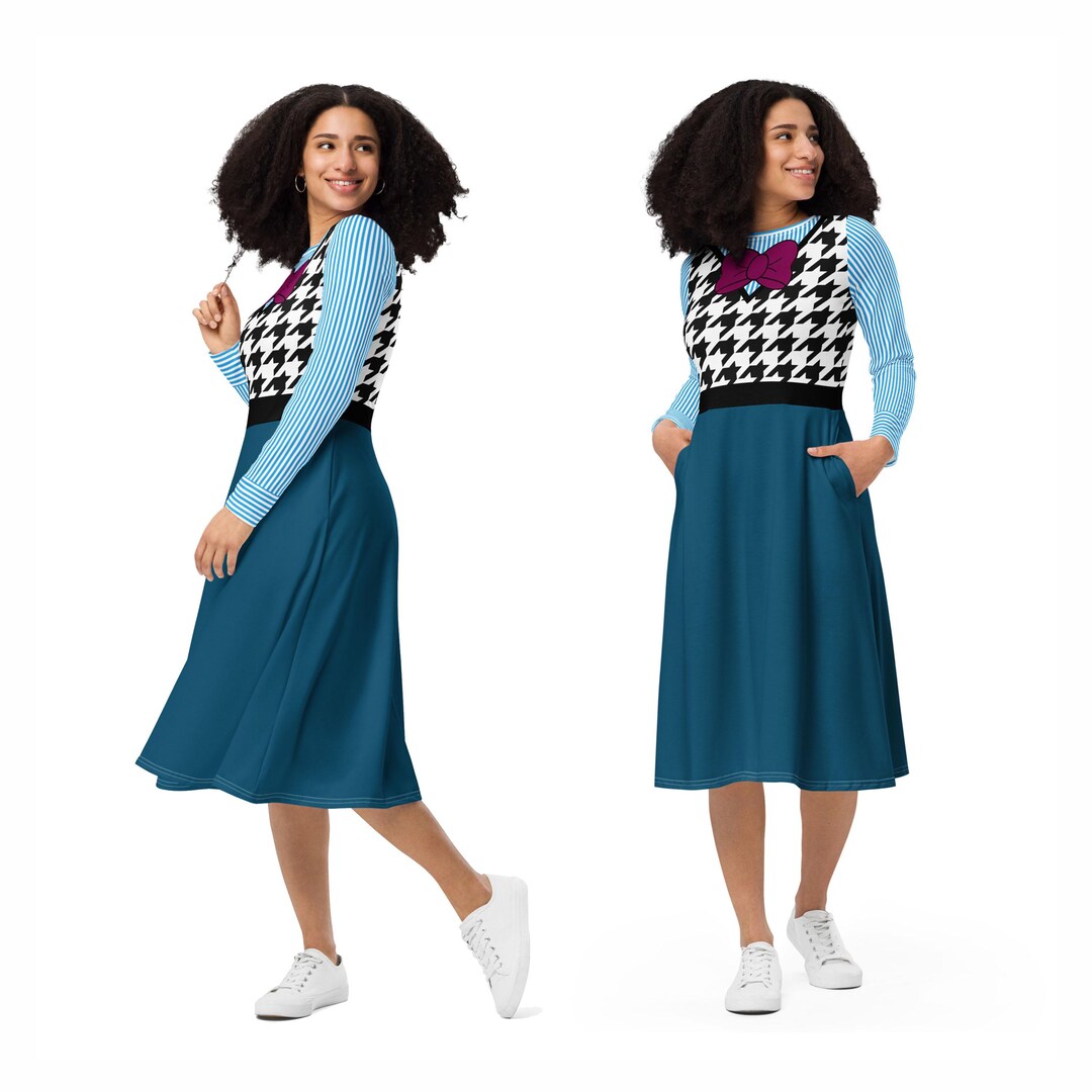 Fear Costume 2XS - 6XL Inside Out Emotion Houndstooth Dress Long Sleeve ...