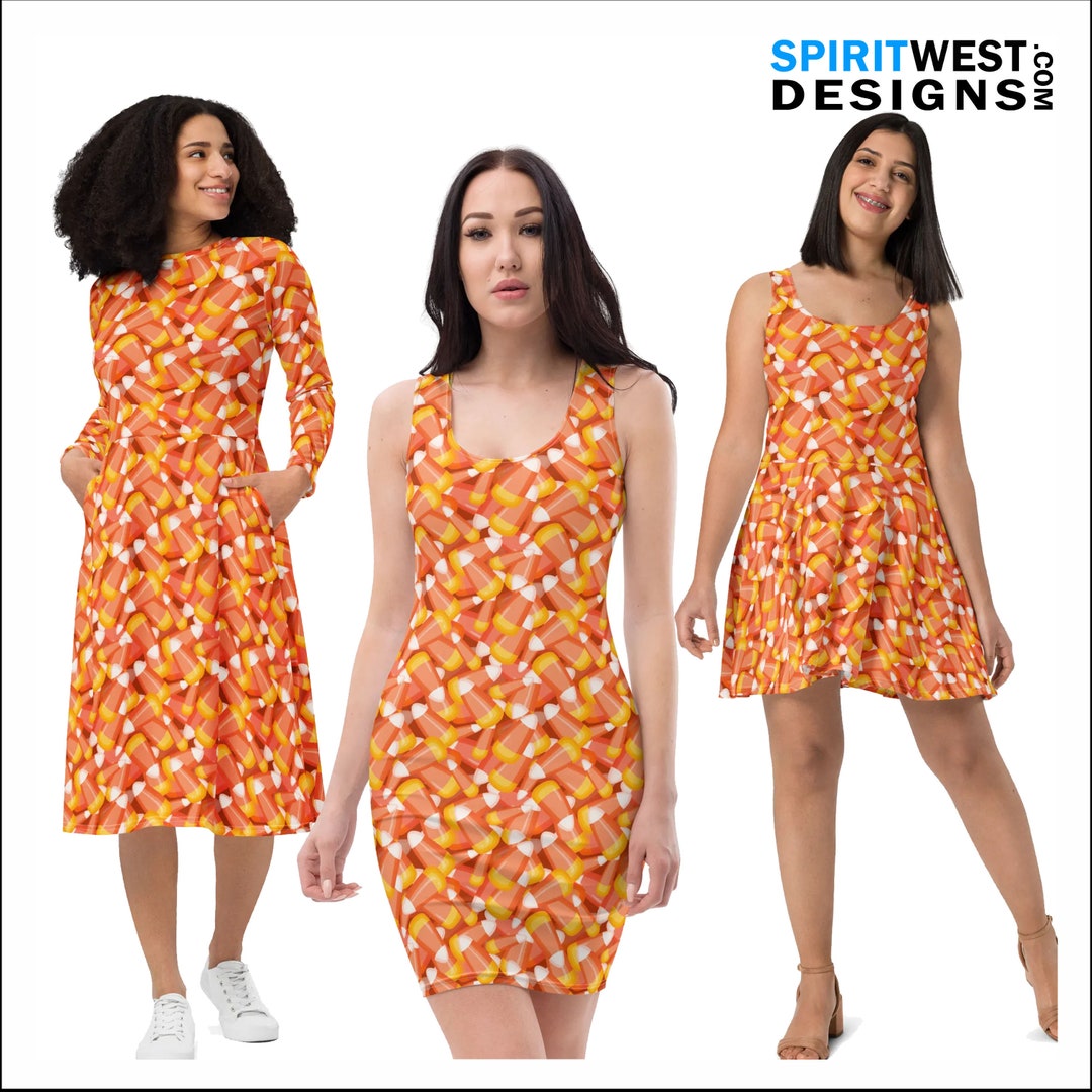 Candy Corn Halloween Costume Dress Skater Fitted Bodycon Sweet Trick or ...
