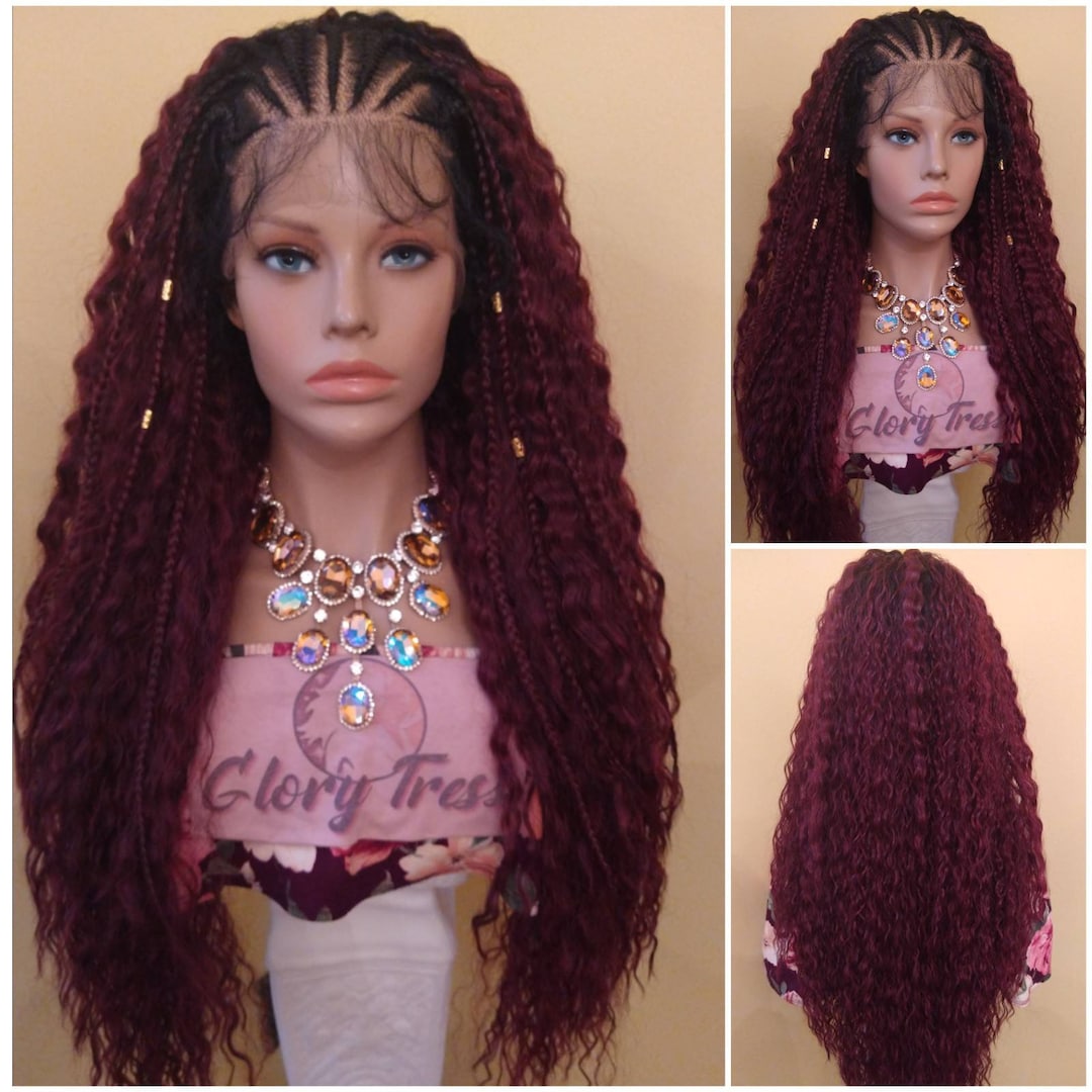 Curly Lace Front Wig Ombre Burgundy Hand-braided Wig Fulani Tribal ...