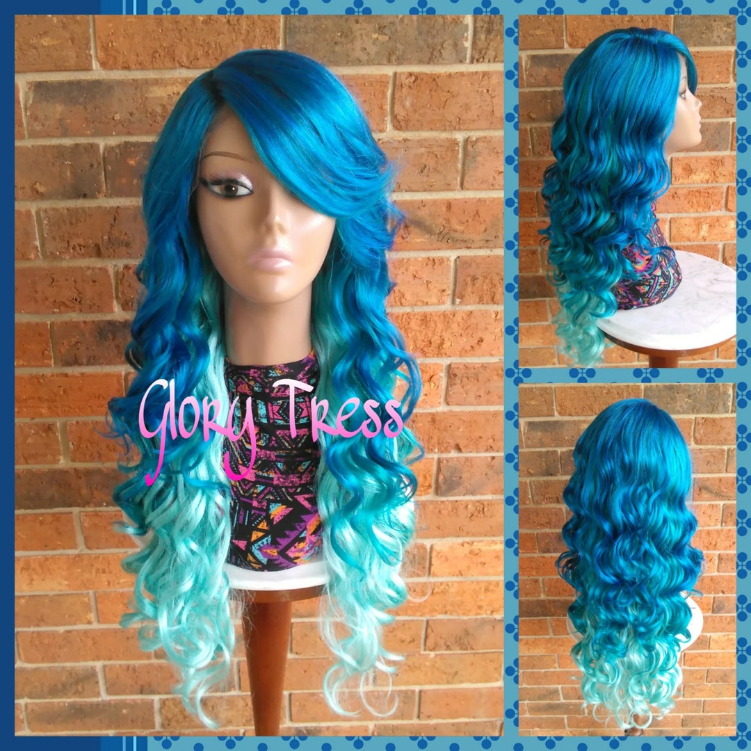Long Brazilian Wavy Lace Front Wig, Ombre Blue Wig, Body Wave Wig ...