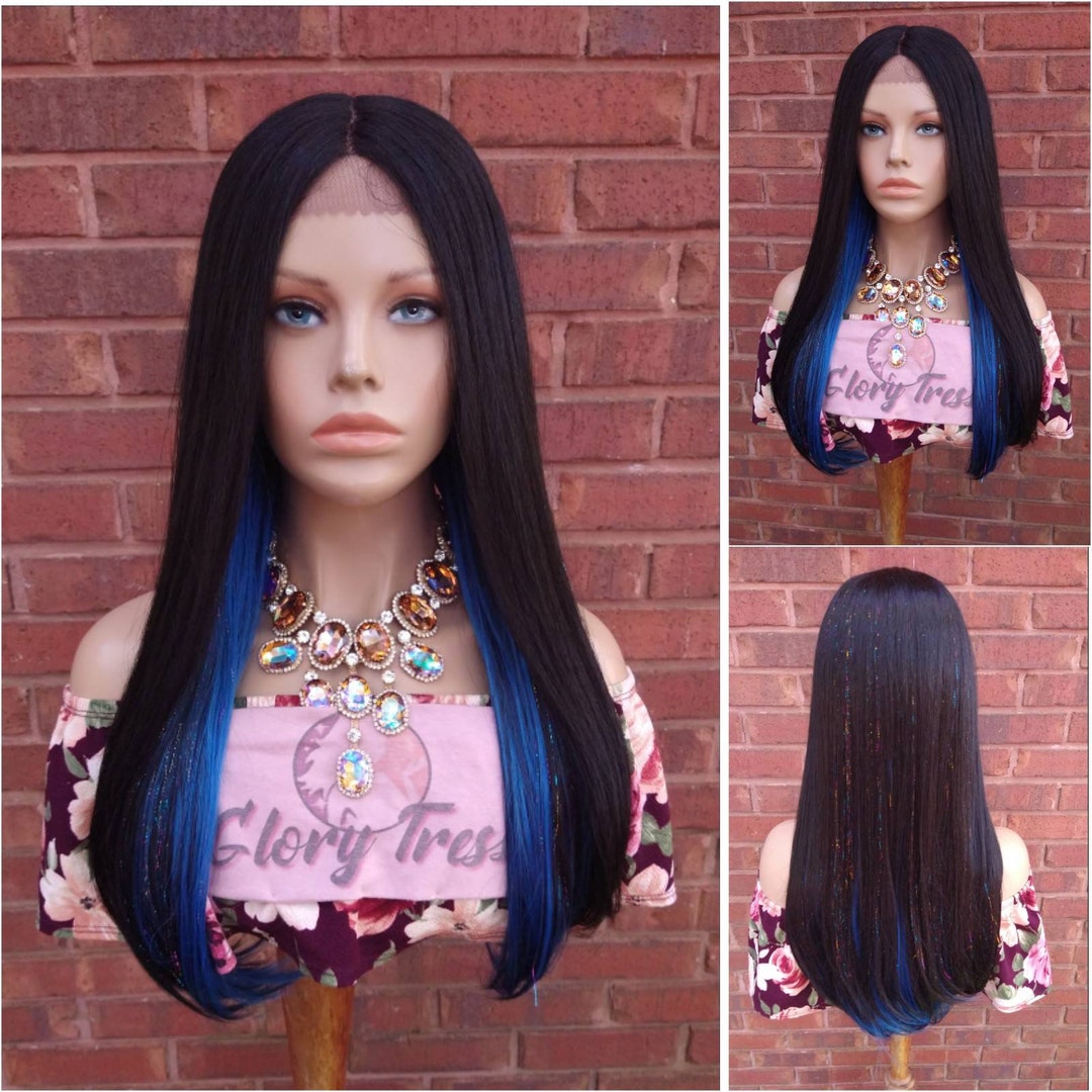 Straight Lace Front Wig Ombre Blue Wig With Glitter Thread Synthetic ...