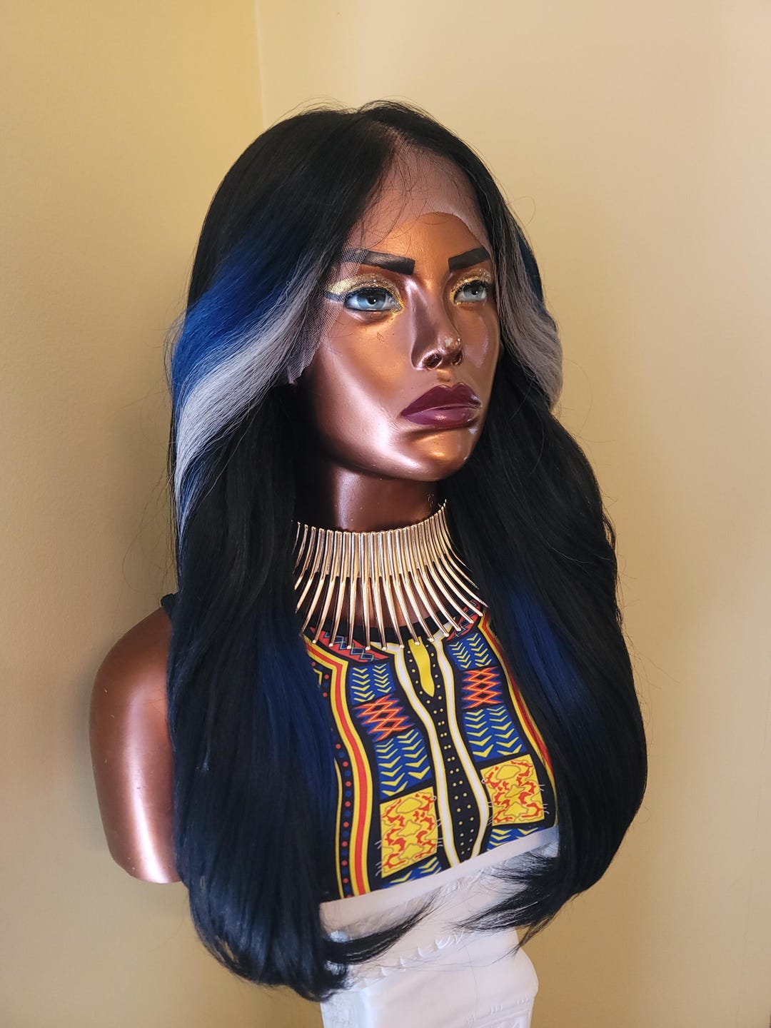 24" Black & Silver Blue Lace Frontal Wig, Straight Wig With HD Lace ...