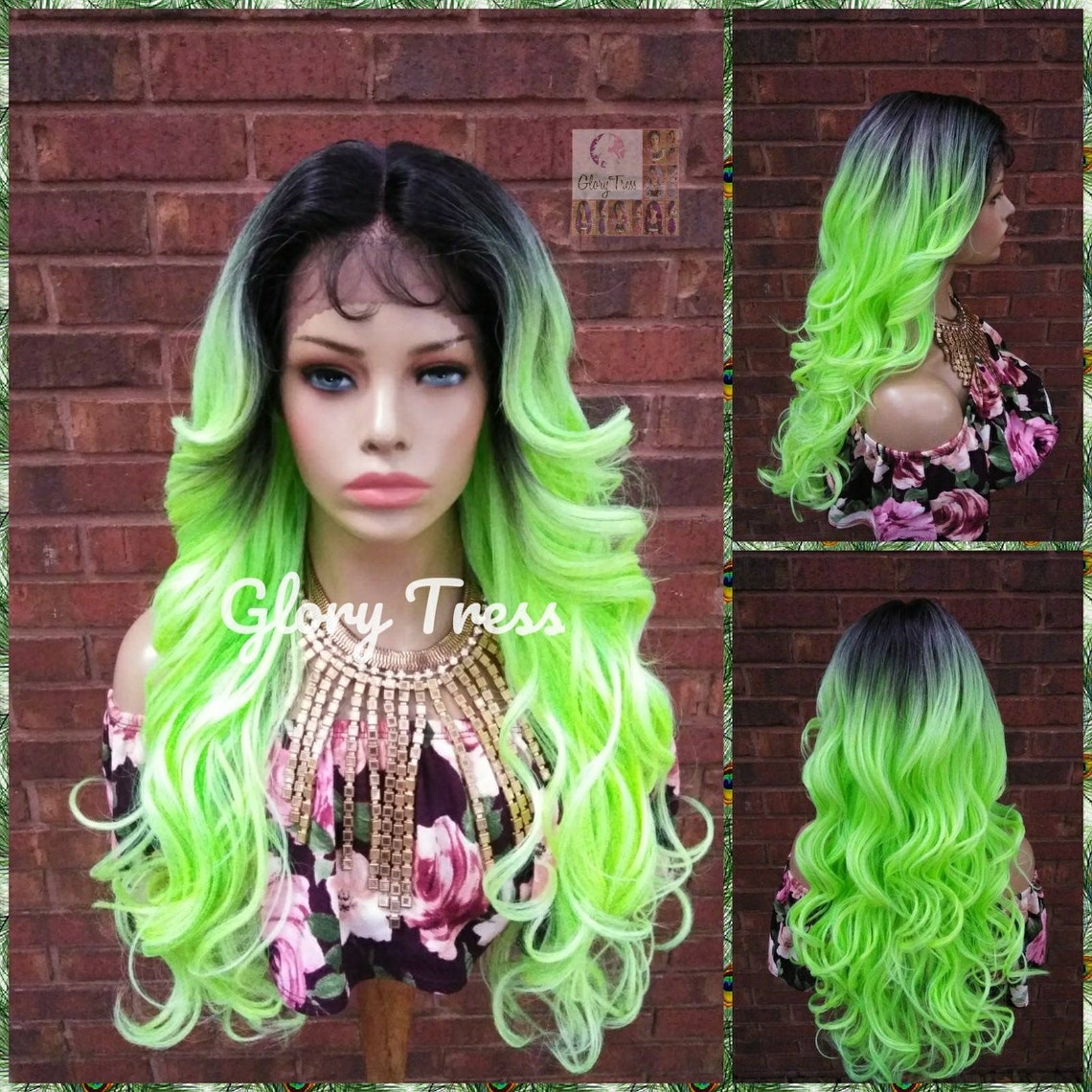 Neon Green Lace Front Wig, Ombre Green Wig, Halloween Wig, Glory Tress ...