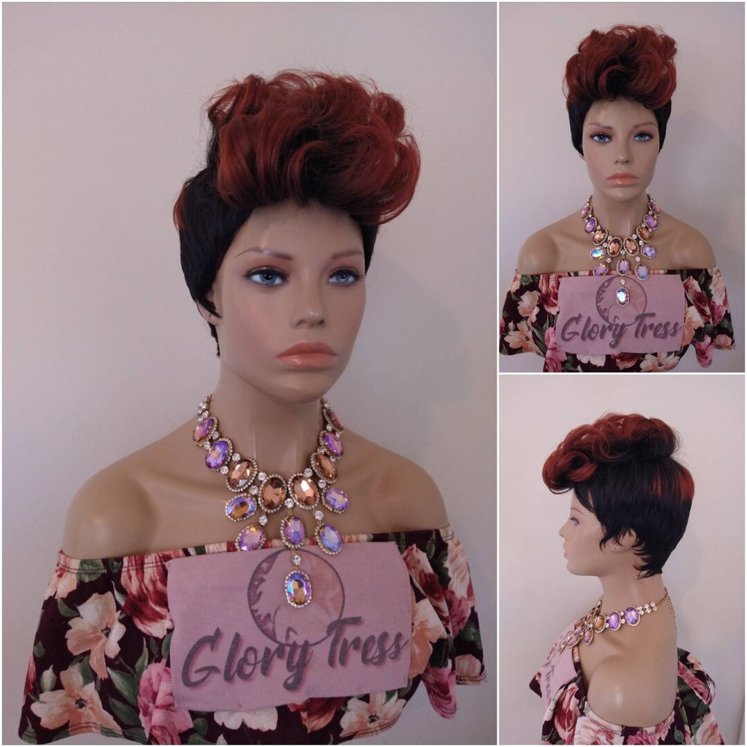 Ombre Red Mohawk Pixie Cut Wig Short Razor Cut Wig Synthetic Heat ...