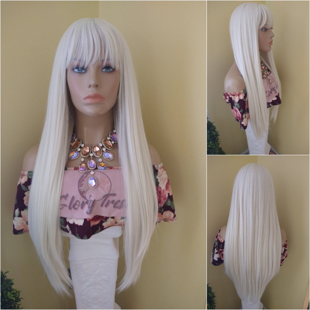 30china Bangs Full Wig, 60 White Platinum Blonde Wig, Long Straight Wig ...