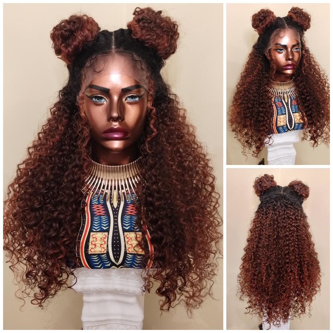 Kinky Curly Lace Front Wig, Pre Styled Space Bun, Brown Auburn Wig ...