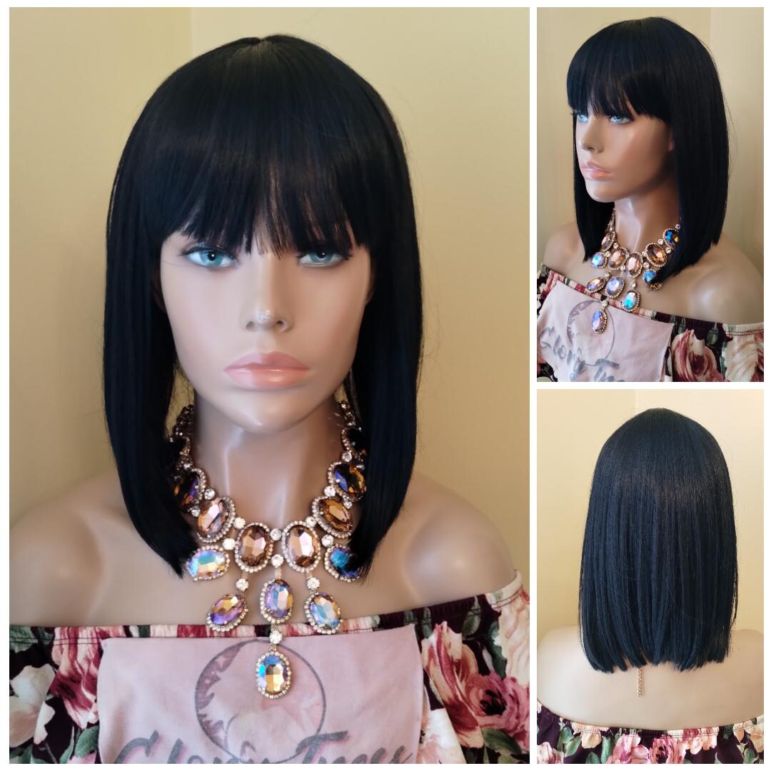 Bob Wig | 100% Human Hair Blend Wig | Straight Full Wig | Wig With ...