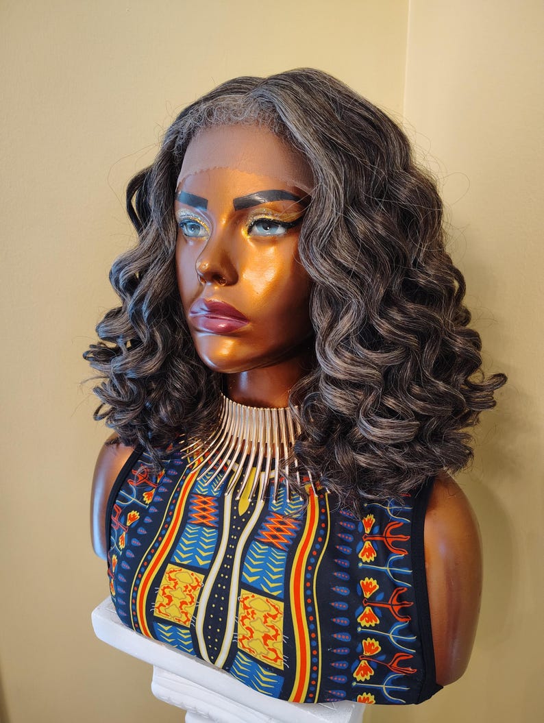 Silver Gray Yaki Curly Lace Front Wig: Salt and Pepper Gray, Free ...