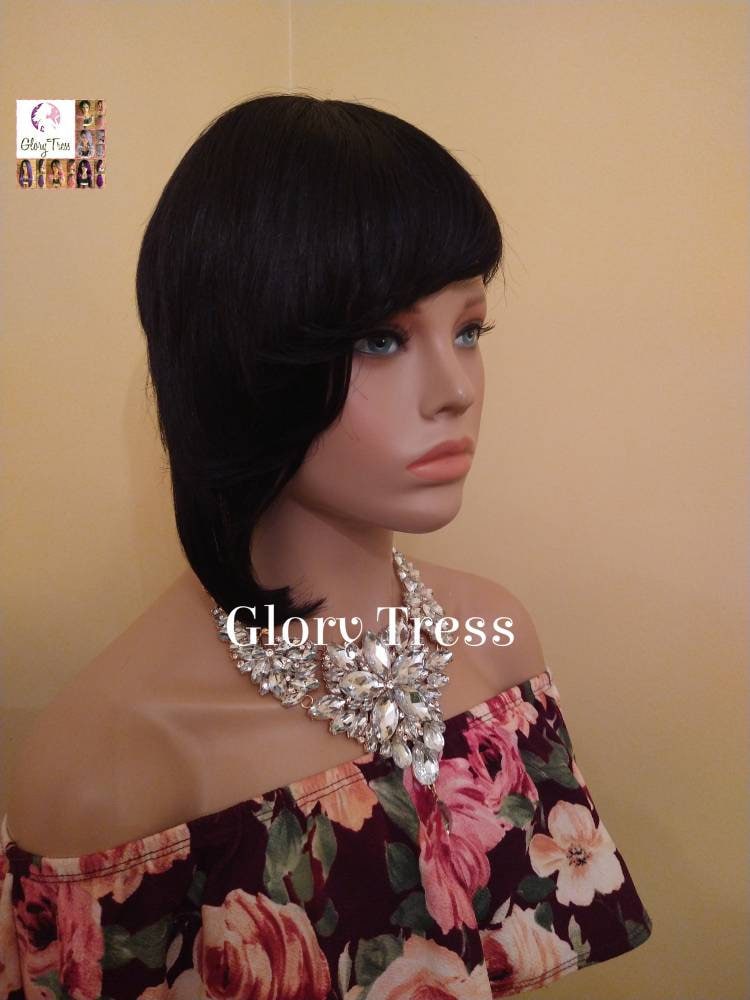 Short Razor Cut Full Wig With Side Bangs, Pixie Cut, 100% Human Hair ...