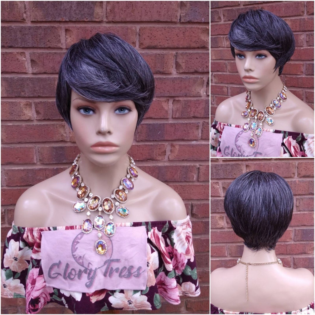 Razor Cut Pixie Wig for Women Gray Salt and Pepper Wig Synthetic Heat ...