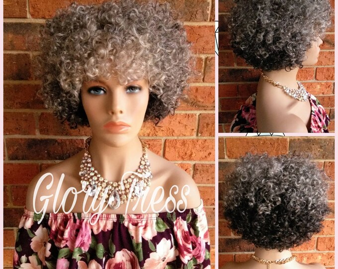 Big Kinky Curly Gray Wig, Curly Full Wig With Bangs, Ombre Silver/gray ...