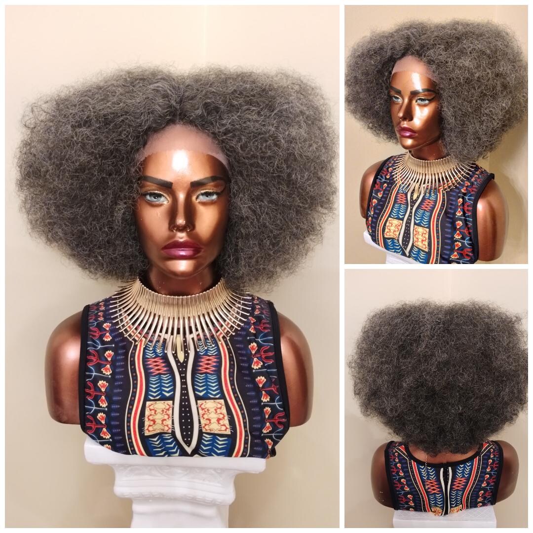 Curly Afro Lace Front Wig, Silver Gray Wig, Salt & Pepper Wigs for ...