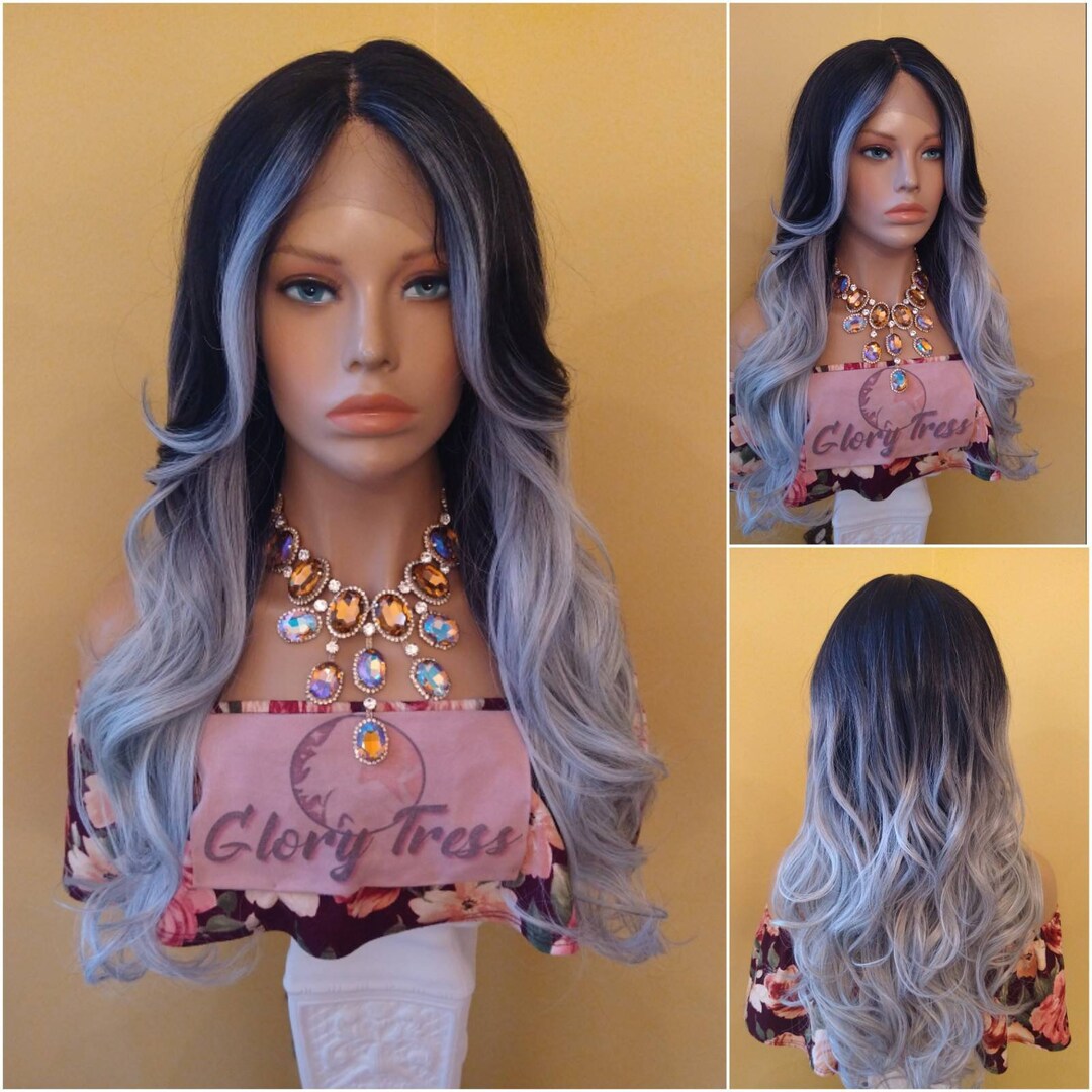 Platinum Sliver Wavy Lace Front Wig HD Lace Ombre Gray Wig for Women ...