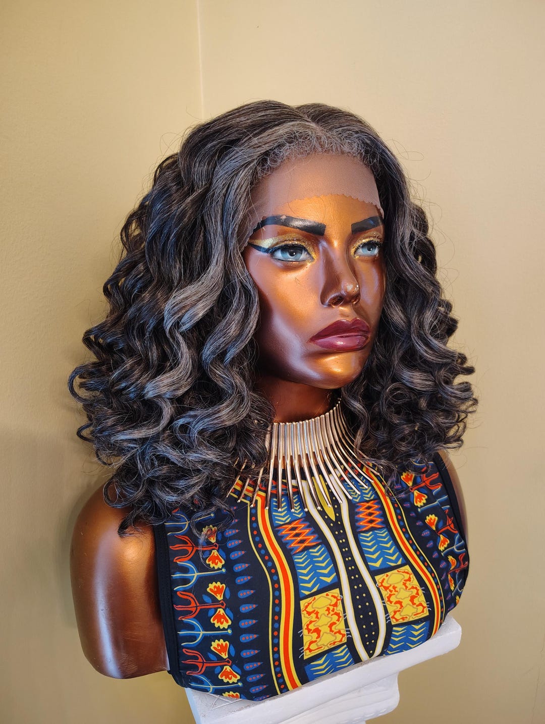 Silver Gray Yaki Curly Lace Front Wig: Salt and Pepper Gray, Free ...