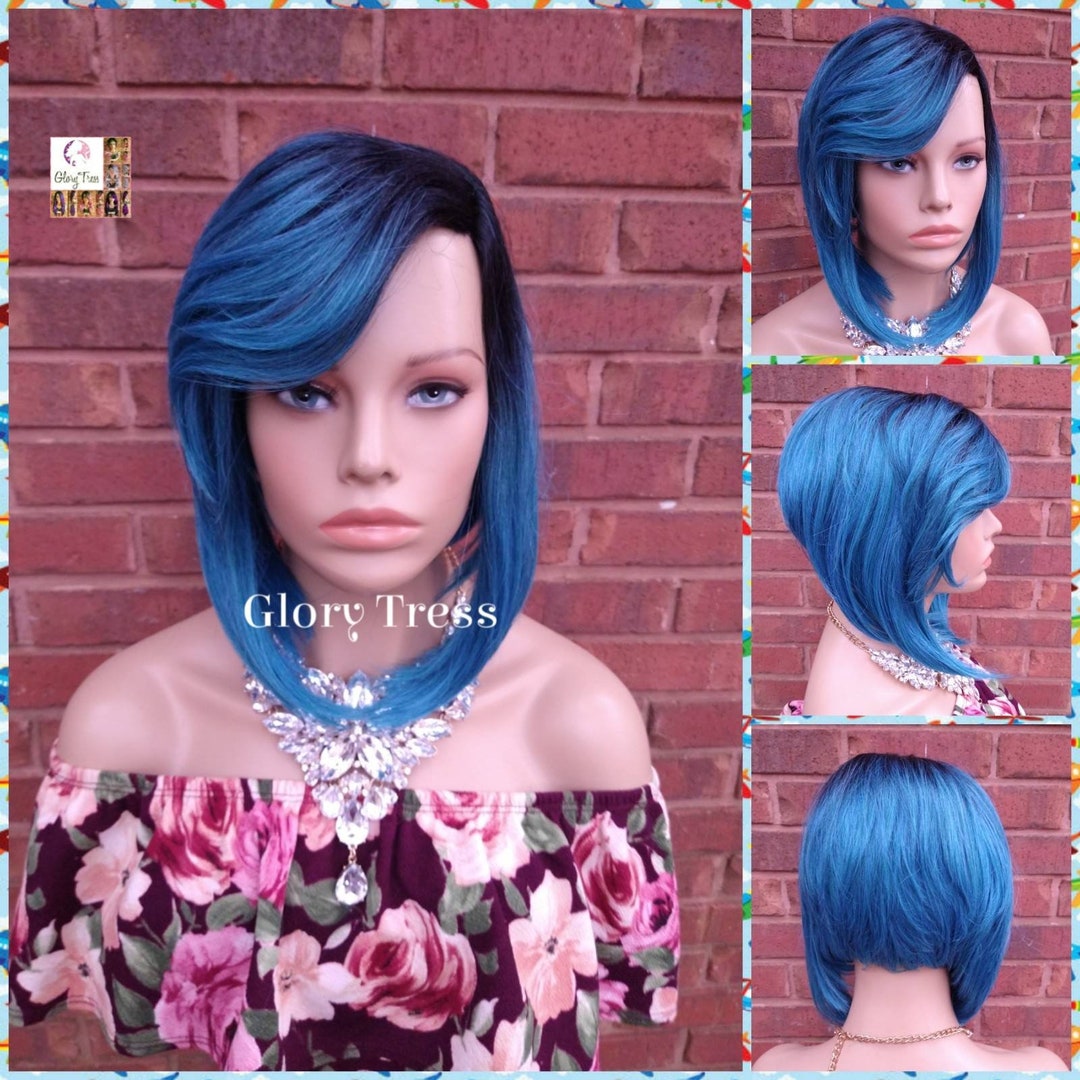 Blue Bob Wig - Ombre Turquoise Bob Wig - Yaki Straight Bob Full Wig ...