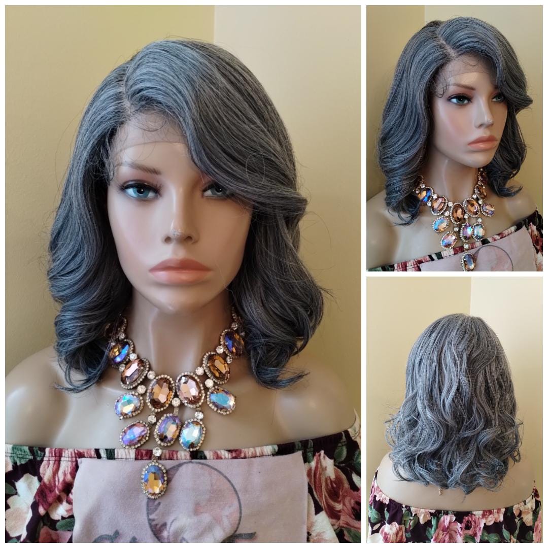 Sliver Gray Yaki Curly Lace Front Wig Salt & Pepper Gray Wig for Women Wig Synthetic Wig ...