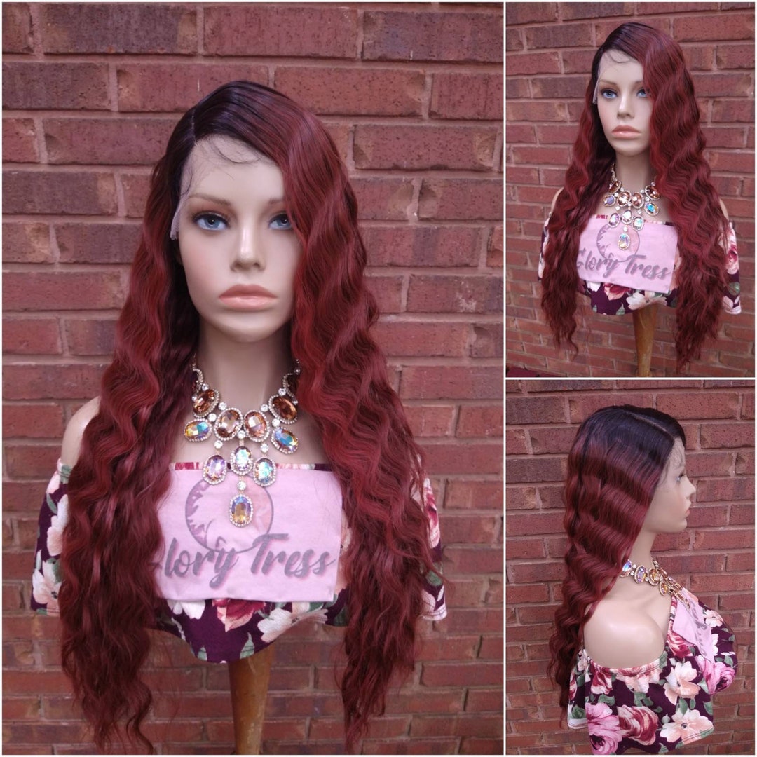 Wavy Lace Front Wig | Crimp Wavy Wig | Ombre Dark Copper Red Wig ...