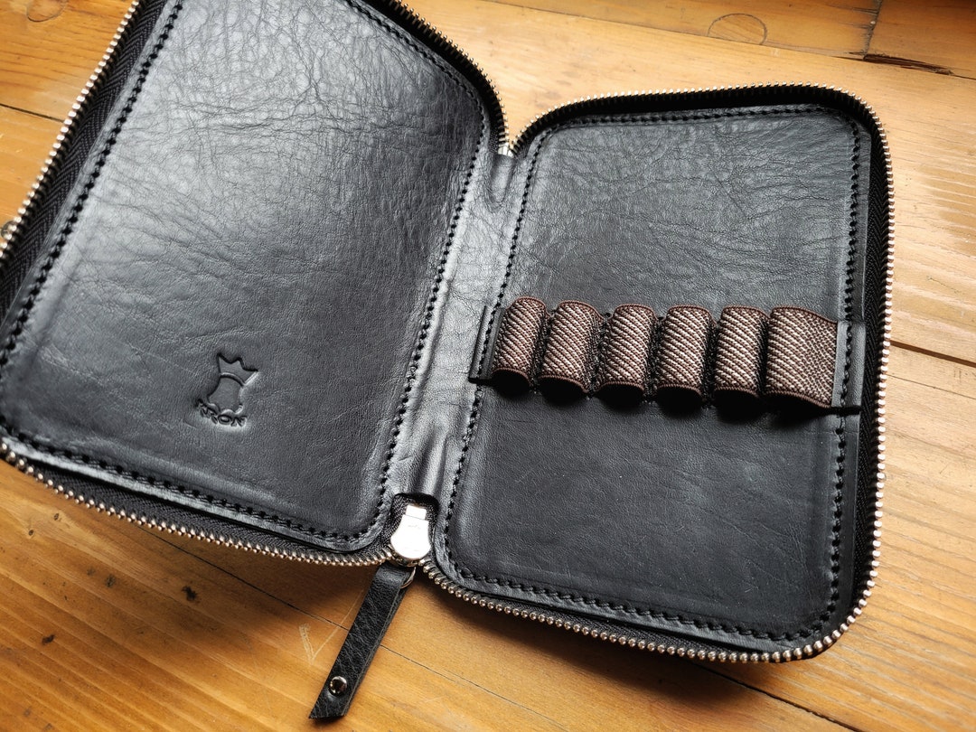 6 Slot Zipper Fountain Pen Case, Vegetable Tanned Leather, Riri Zipper ...