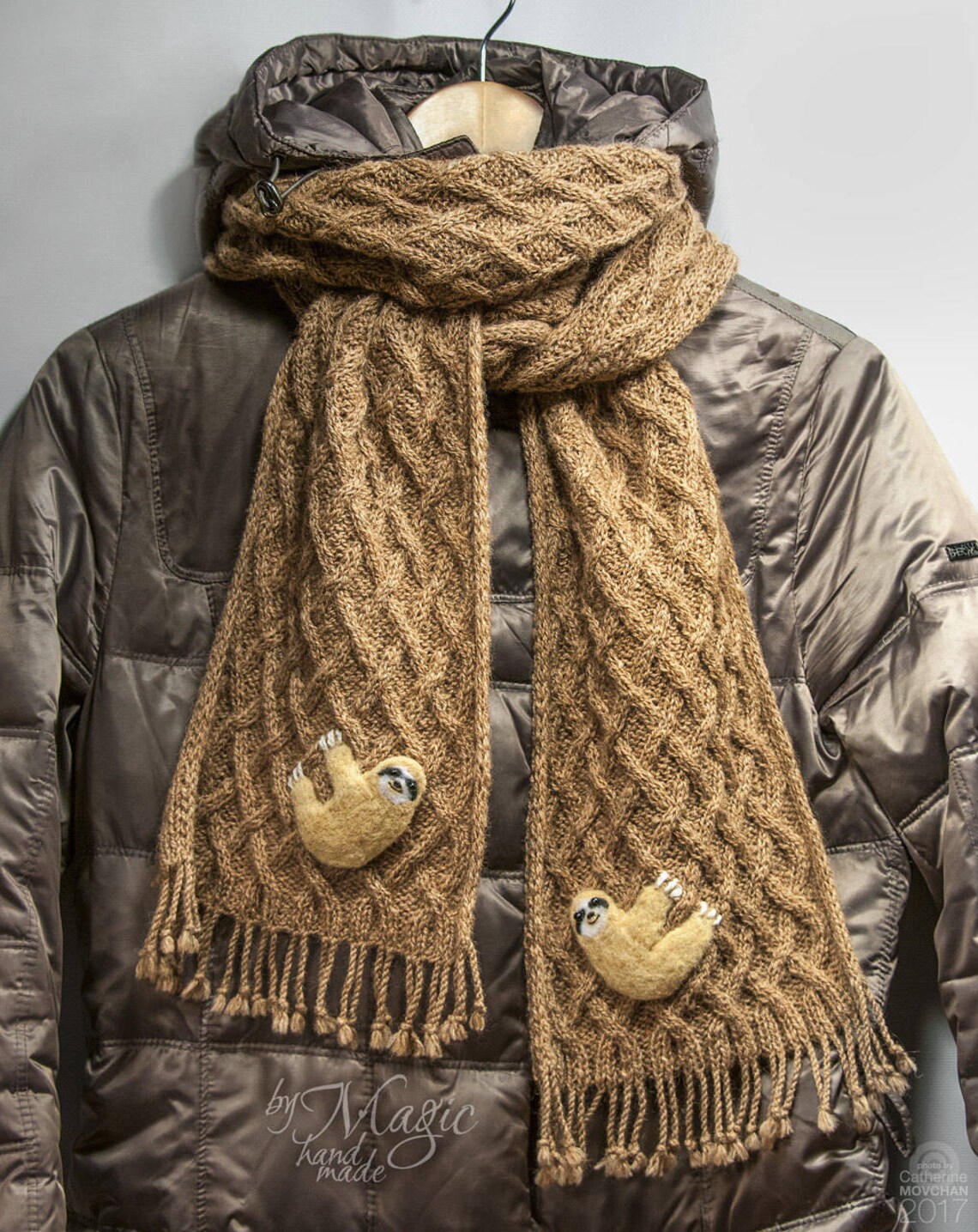 Hand Knitted Scarf With Wool Sloth Animal Scarf Camel Wool | Etsy