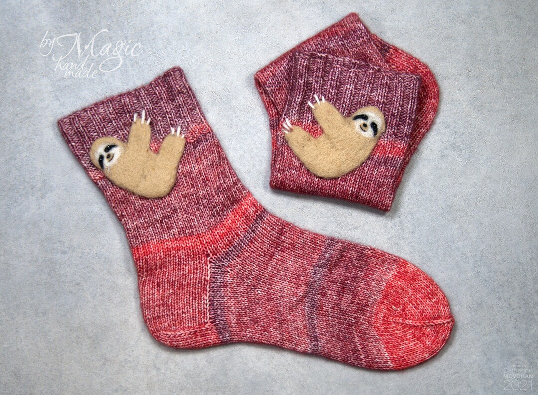 Hand Knitted Wool Socks With Sloths, Needle Felted Sloth, Red Christmas ...
