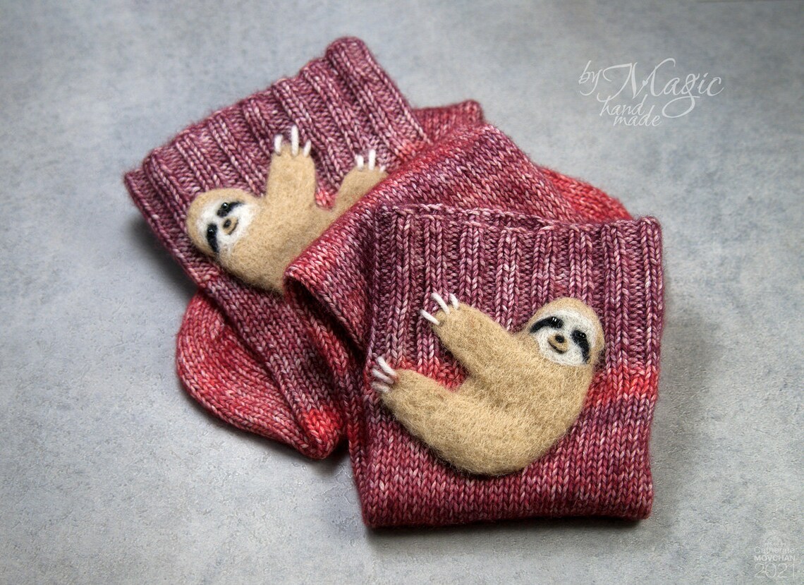 Hand Knitted Wool Socks With Sloths Needle Felted Sloth Red - Etsy