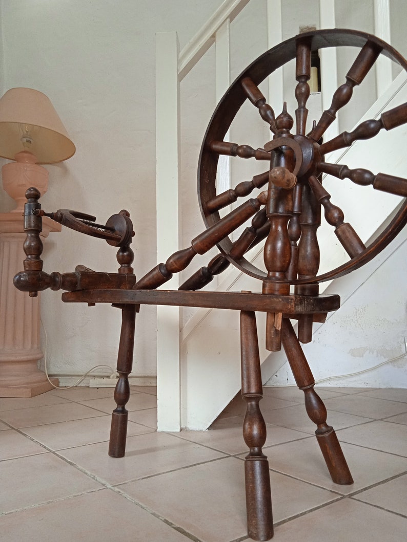 Rare Antique French Spinning Wheel Hand Thread Spinning Rustic Wooden ...