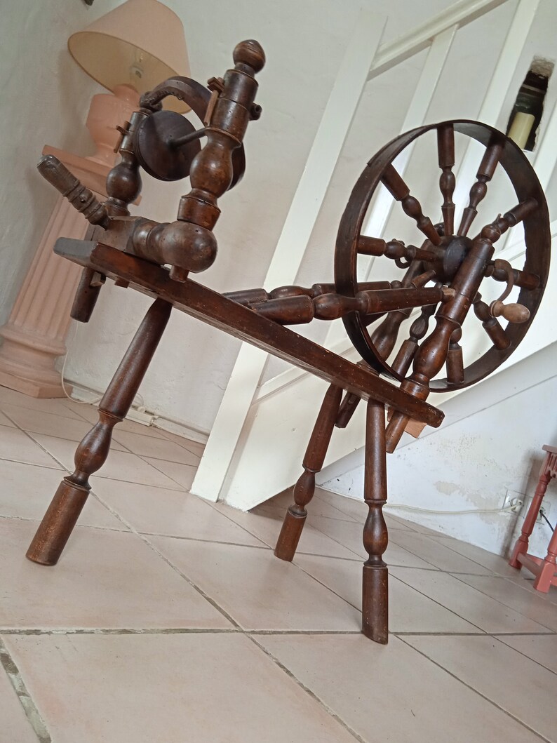 Rare Antique French Spinning Wheel Hand Thread Spinning Rustic Wooden ...