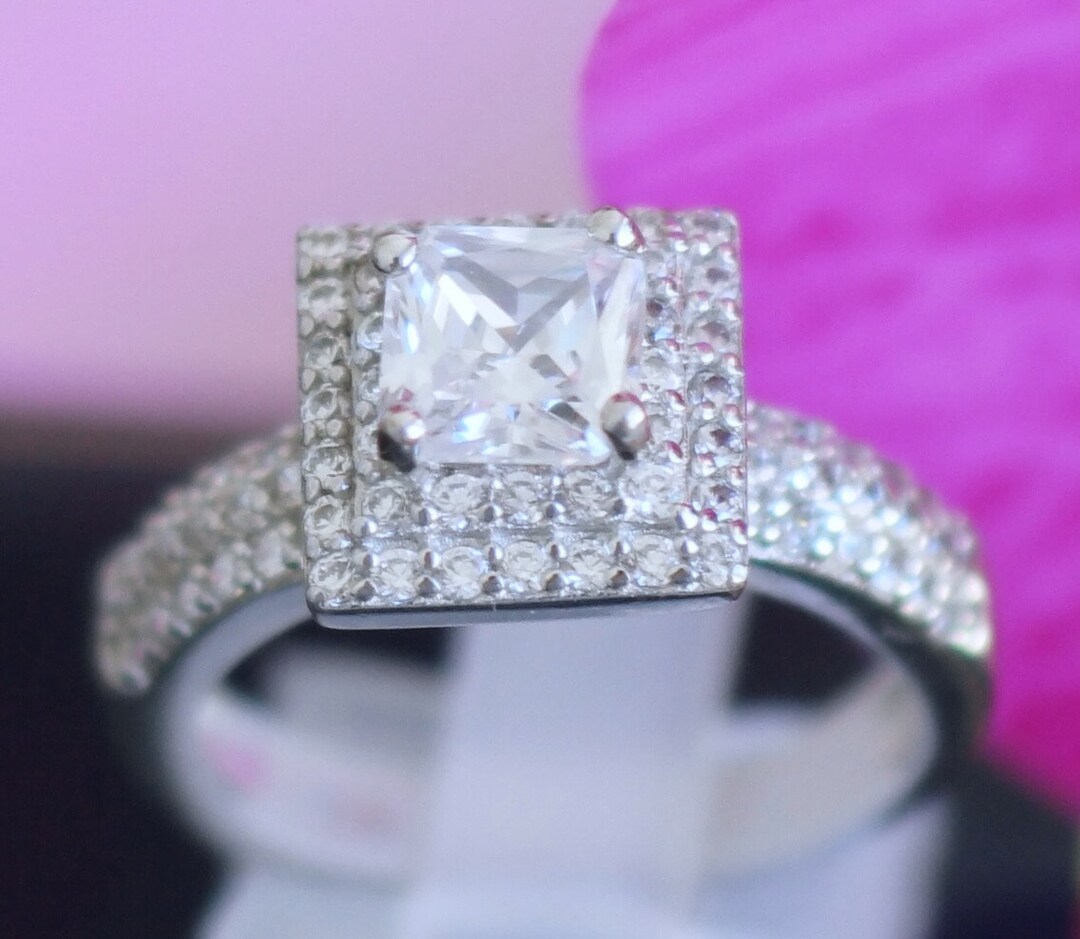 Round Cut and Princess Cut Diamond Engagement Ring Set,sterling Silver ...