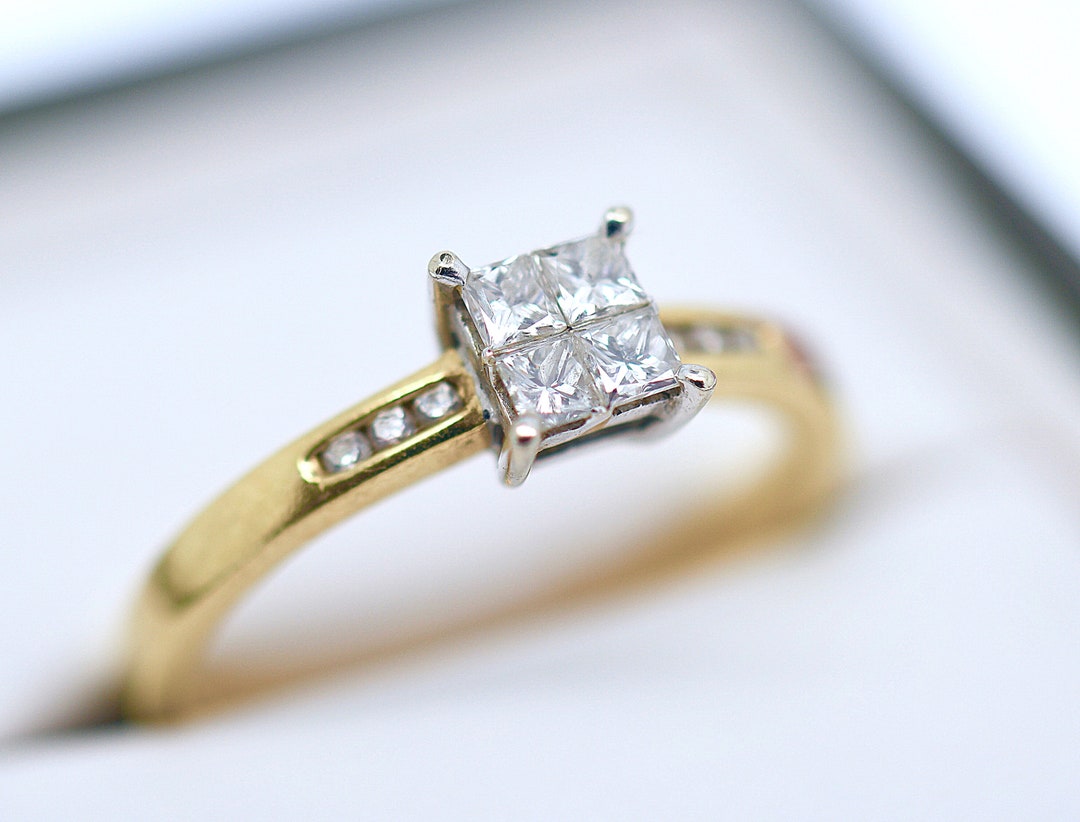 18K Massiver Gold Vintage Schmuck Ring Natur Diamanten Princess Cut ...
