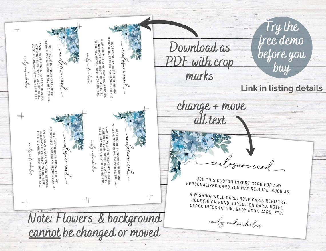 Boho Dusty Blue Custom Enclosure Card Template, Bridal Shower or Wedding Insert Card for ...