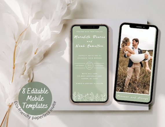Sage Green Mobile Wedding Evite Photo Template Modern Boho - Etsy