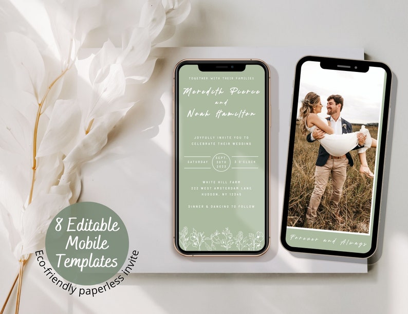 Sage Green Mobile Wedding Evite Photo Template, Modern Boho Smartphone Digital Editable ...