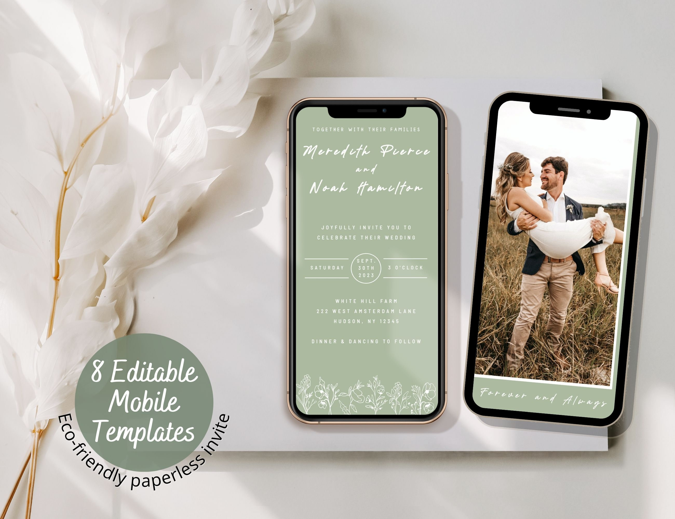 Sage Green Mobile Wedding Evite Photo Template, Modern Boho Smartphone ...