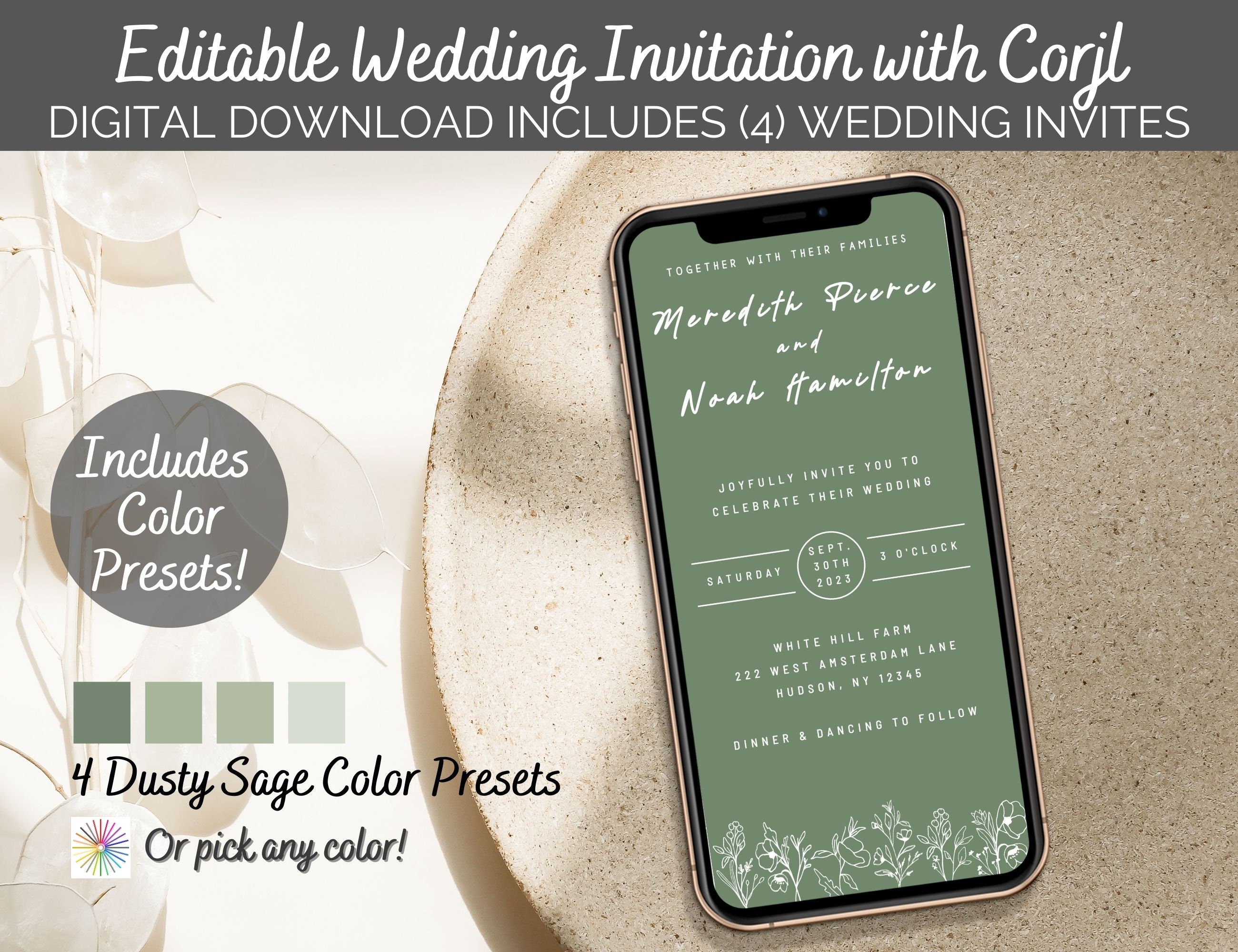 Sage Green Mobile Wedding Evite Photo Template, Modern Boho Smartphone ...