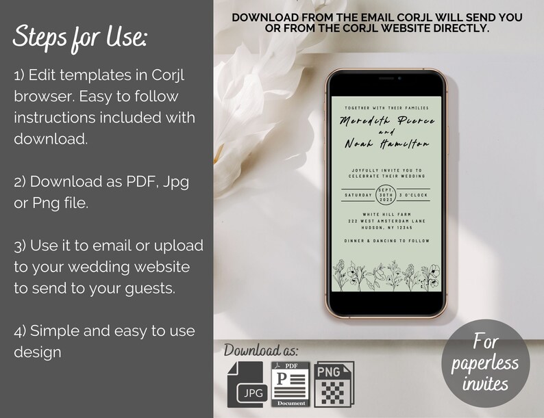 Sage Green Mobile Wedding Evite Photo Template, Modern Boho Smartphone ...