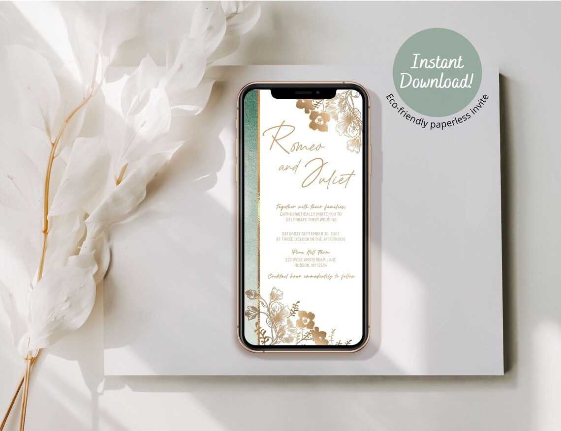 Electronic Paperless Wedding Invitation Dusty Sage and Gold - Etsy