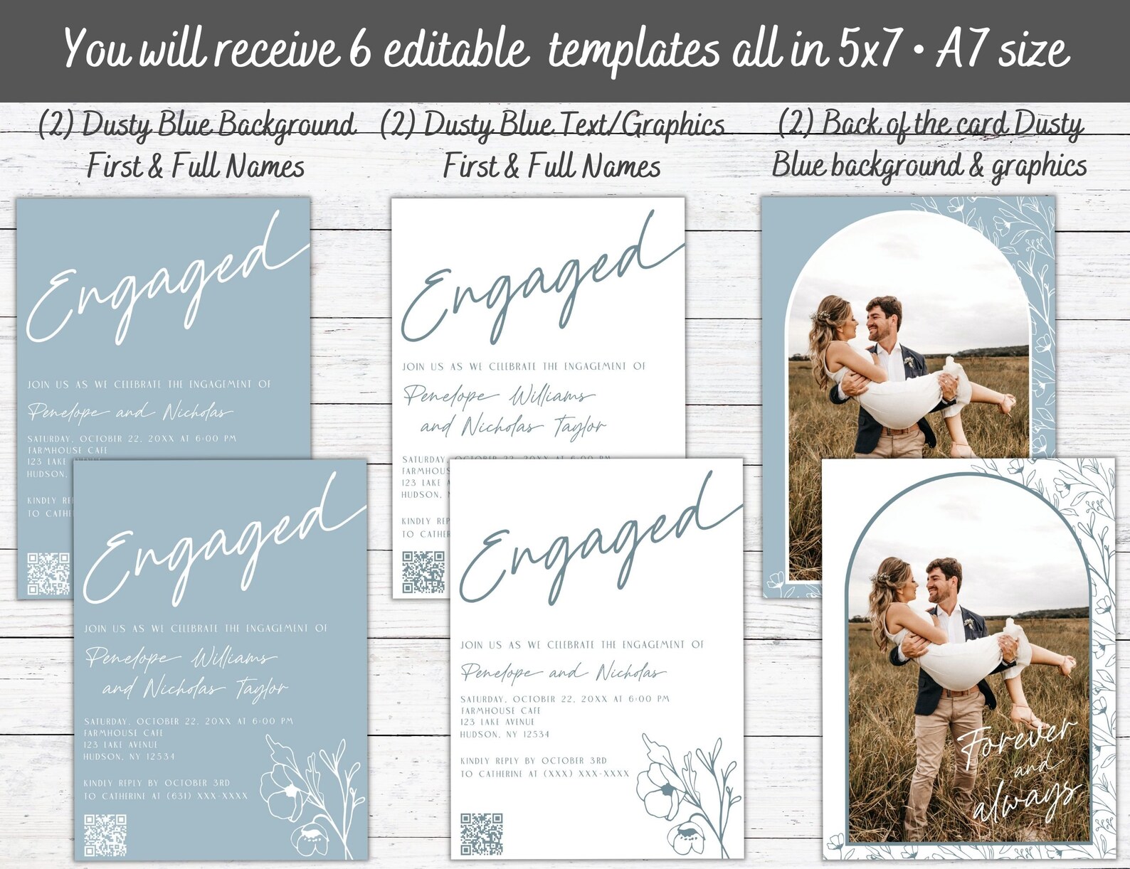 Dusty Blue Engagement Party Invitation With Photo Template, QR Code ...