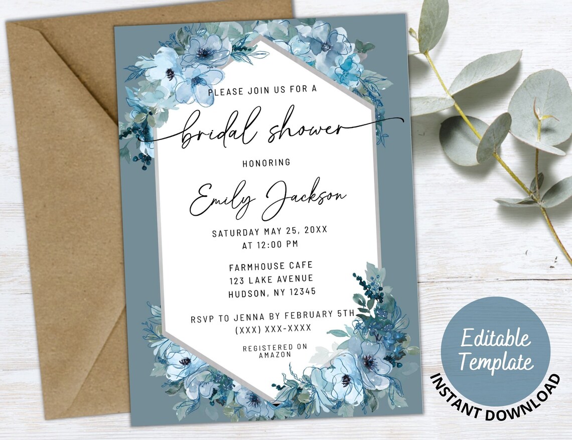 Blue and Silver Floral Bridal Shower Invitation Hexagon, Boho Editable ...