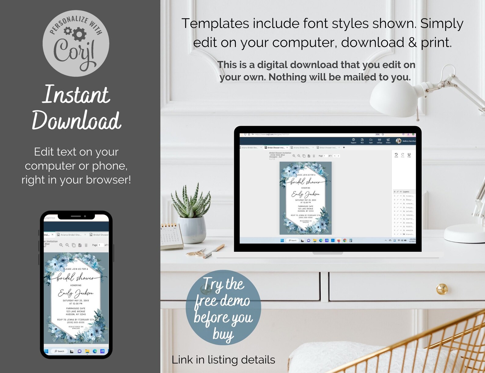 Blue and Silver Floral Bridal Shower Invitation Hexagon, Boho Editable ...