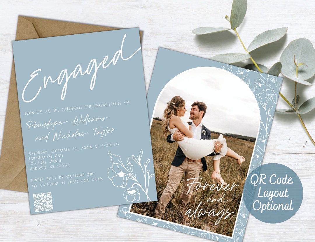 Dusty Blue Engagement Party Invitation With Photo Template, QR Code ...