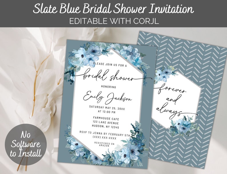 Blue and Silver Floral Bridal Shower Invitation Hexagon, Boho Editable ...