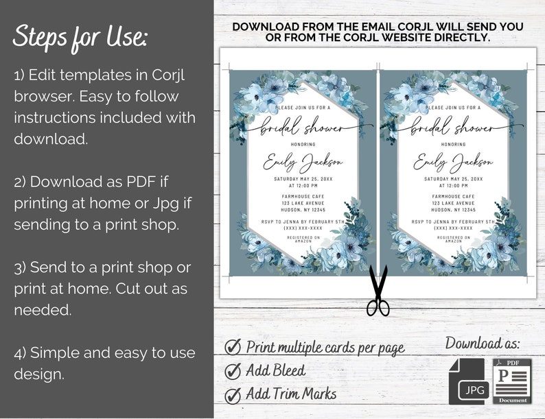 Blue and Silver Floral Bridal Shower Invitation Hexagon, Boho Editable ...